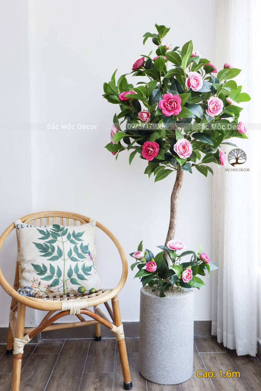 Cây Hoa Trà Hồng Giả Cao 1,4m – SẮC MỘC DECOR